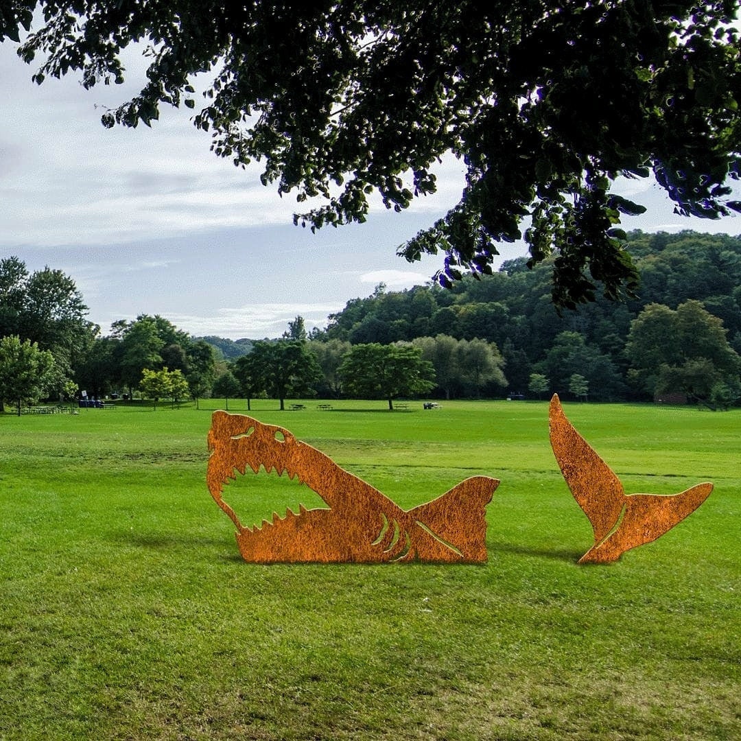 Set of 2 Garden Shark Metal Signs • Outdoor Rusty Steel Yard Art ...