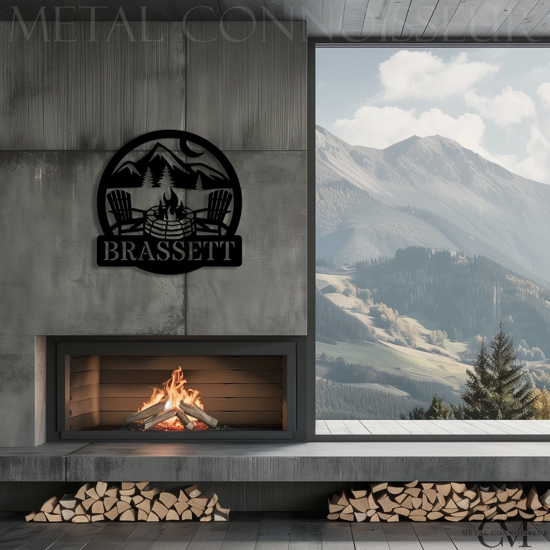 Personalized Cozy Fire Pit Metal Sign • Custom Chairs, Mountains, Lake ...