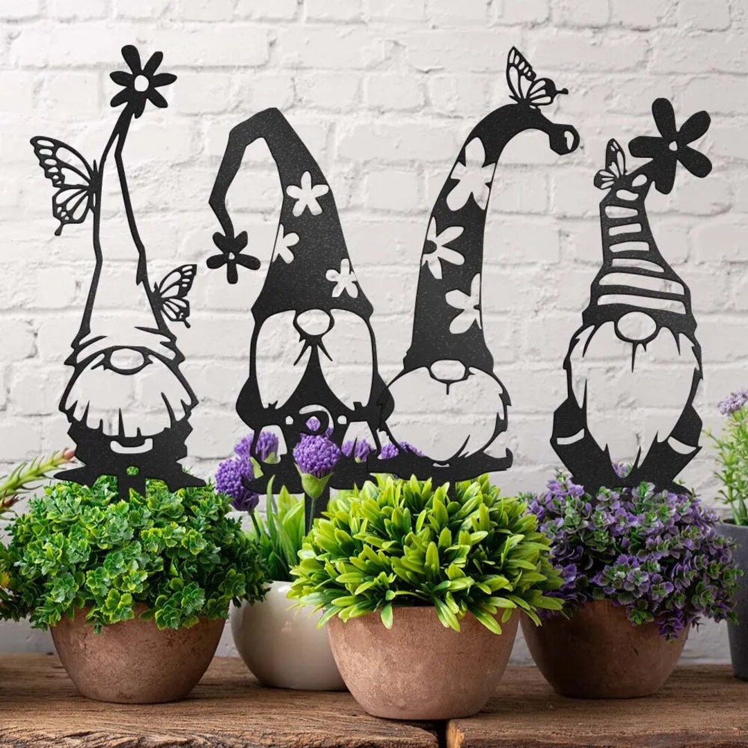 Set of 4 Garden Gnomes Metal Sign • Yard Art Steel Sign • Gardening ...