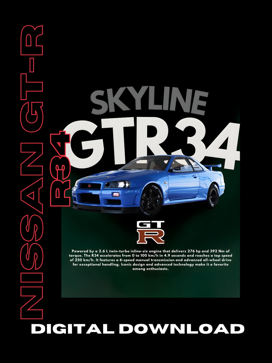 Nissan GT-R R34 Skyline Poster Gtr Poster Digital Download Hyper Car ...
