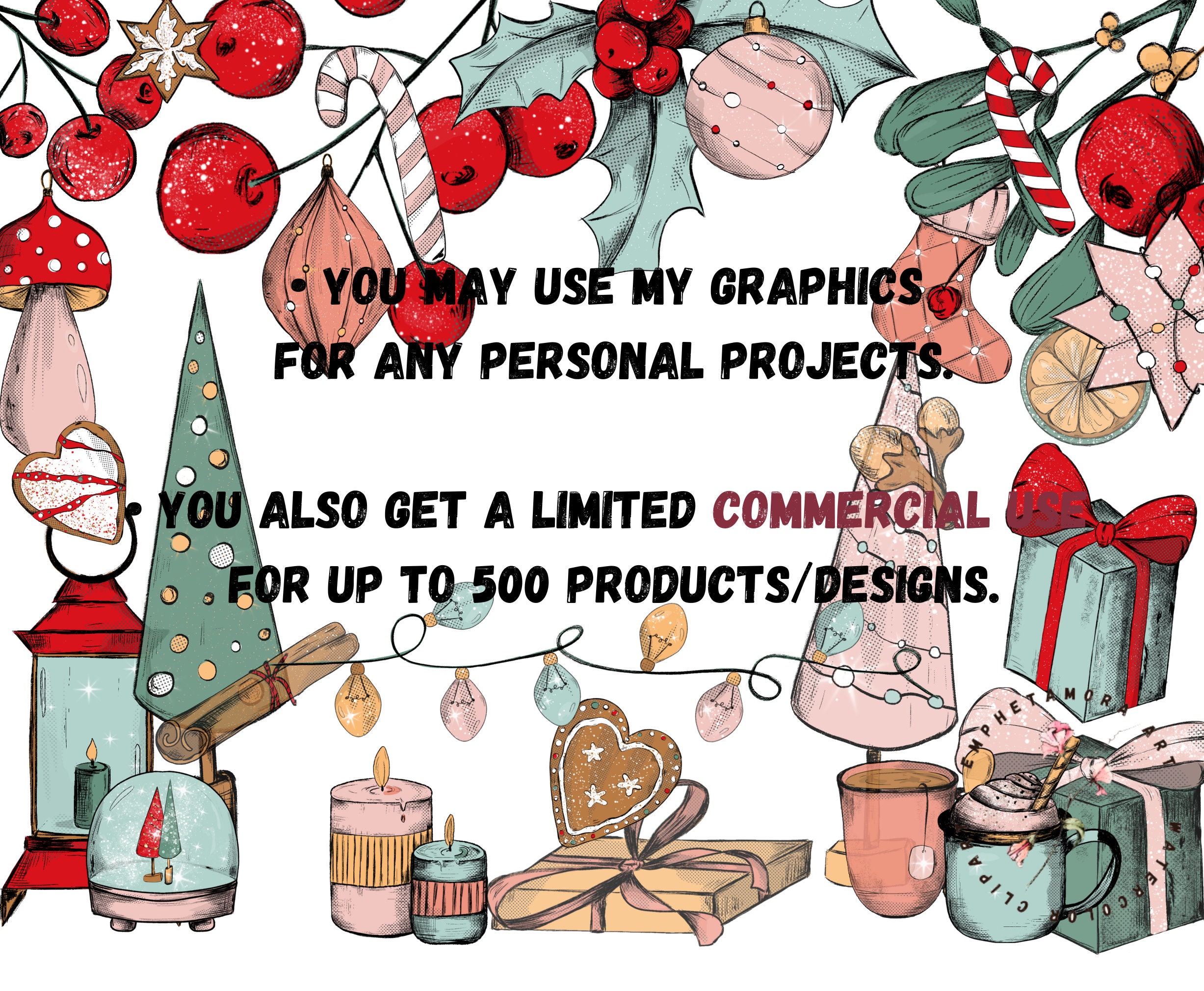 Retro Christmas Clipart Commercial Use Png Hand Drawn - Etsy