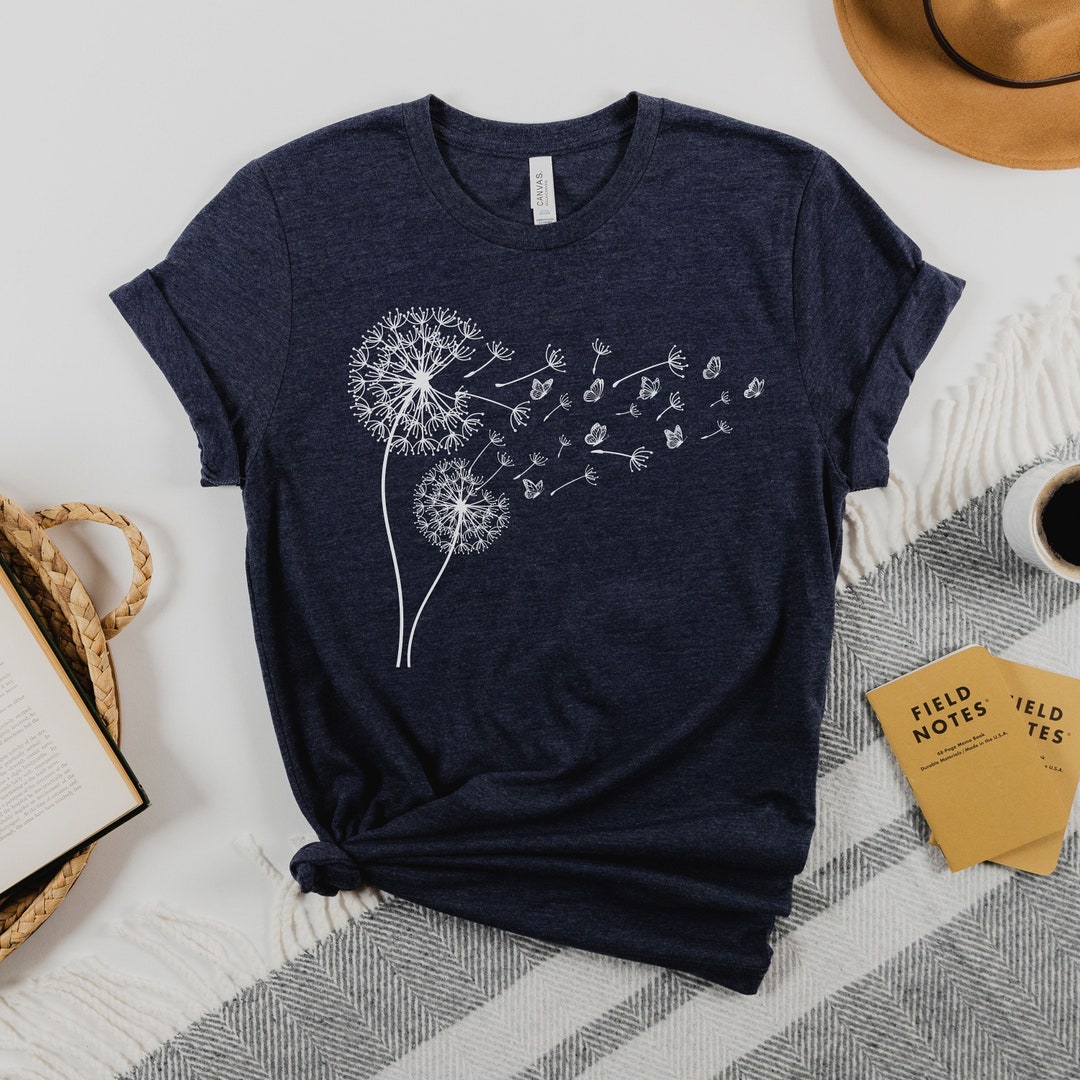 Dandelion Shirt, Cute Dandelion Tee, Dandelion and Butterfly Tshirt, Wildflower Tee, Blossoms ...