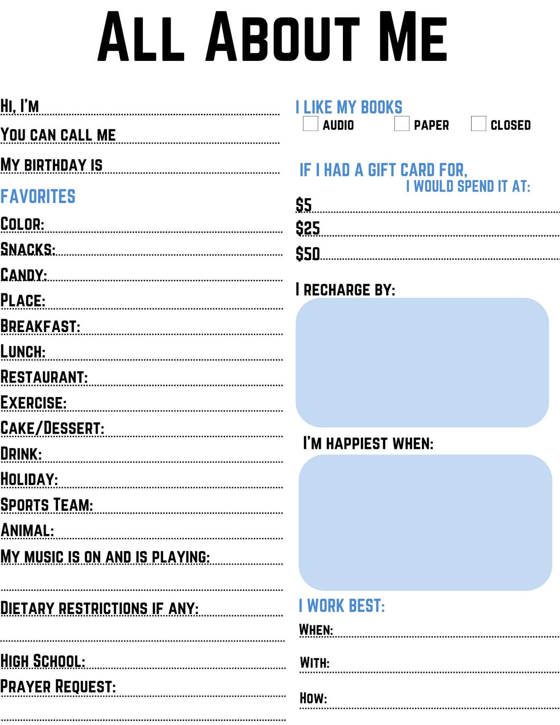 All About Me Form for Students - Simple - Etsy