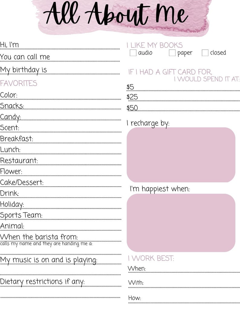 All About Me - Getting to Know You Form - Etsy