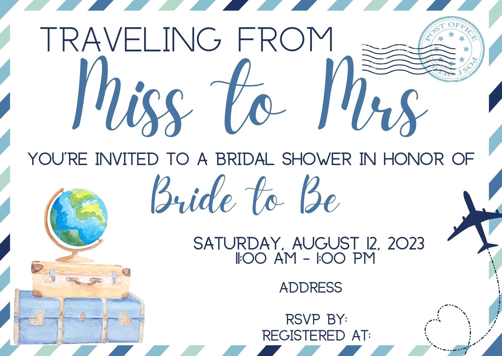 Traveling From Miss to Mrs. - Bridal Shower Invite Template CANVA - Etsy