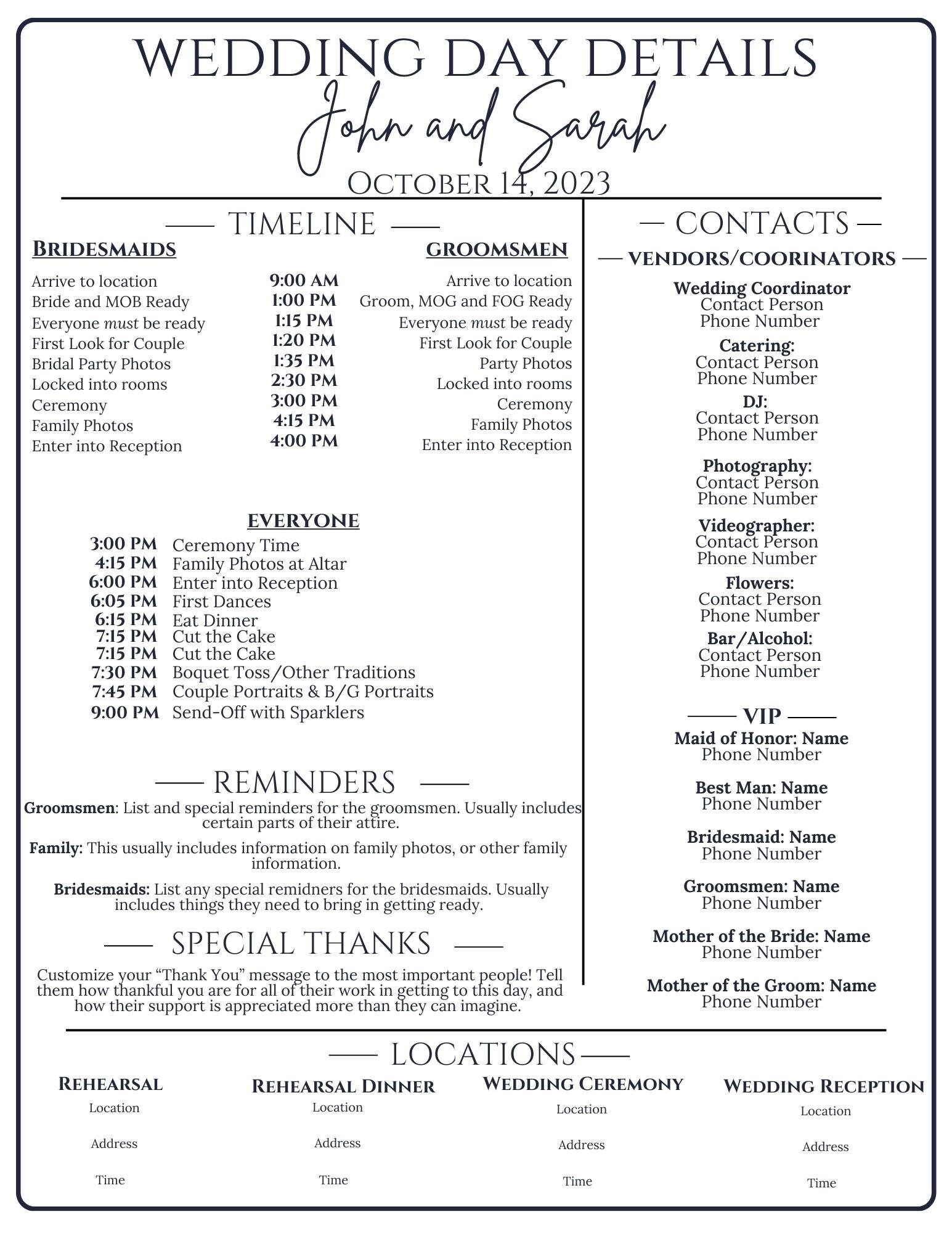 Wedding Day Details Template in Navy - Etsy