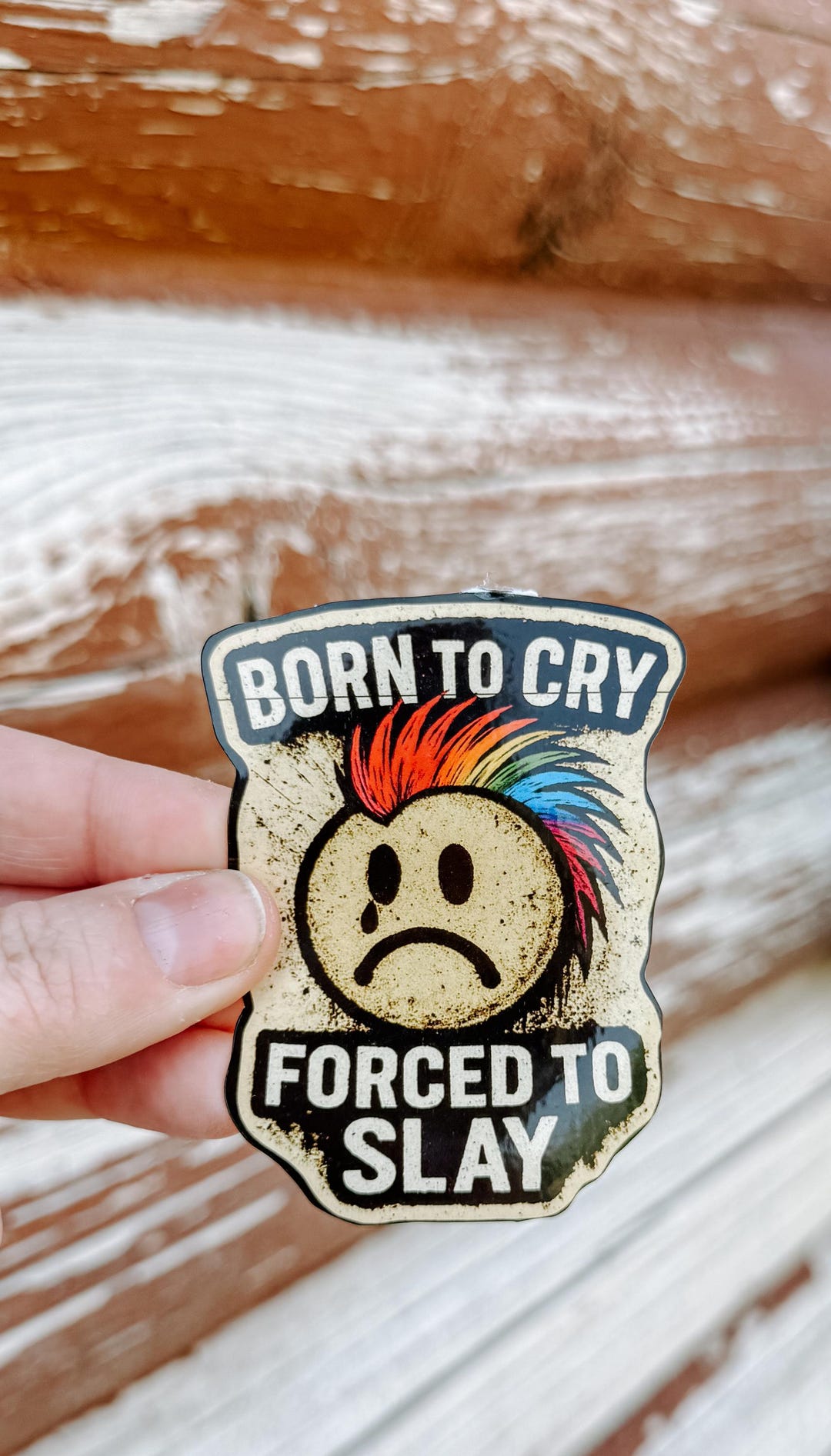 Born to Cry Forced to Slay Sticker – Emo Punk Rainbow Mohawk Sad Face ...