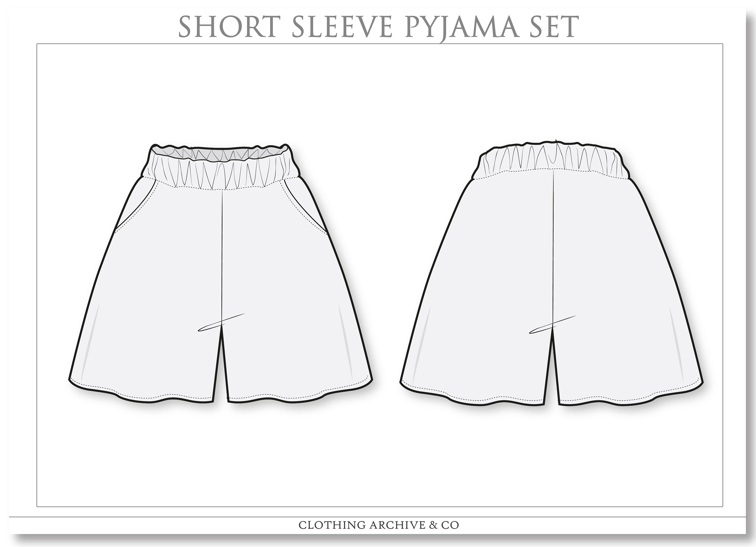 Pyjama Set Short Sleeve Top & Short Fashion Flat | Vector CAD Technical ...