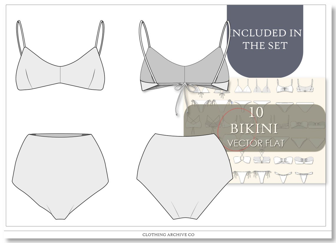 Highwaist Bikini Fashion Flat Sketch Swimwear Vector CAD Technical ...