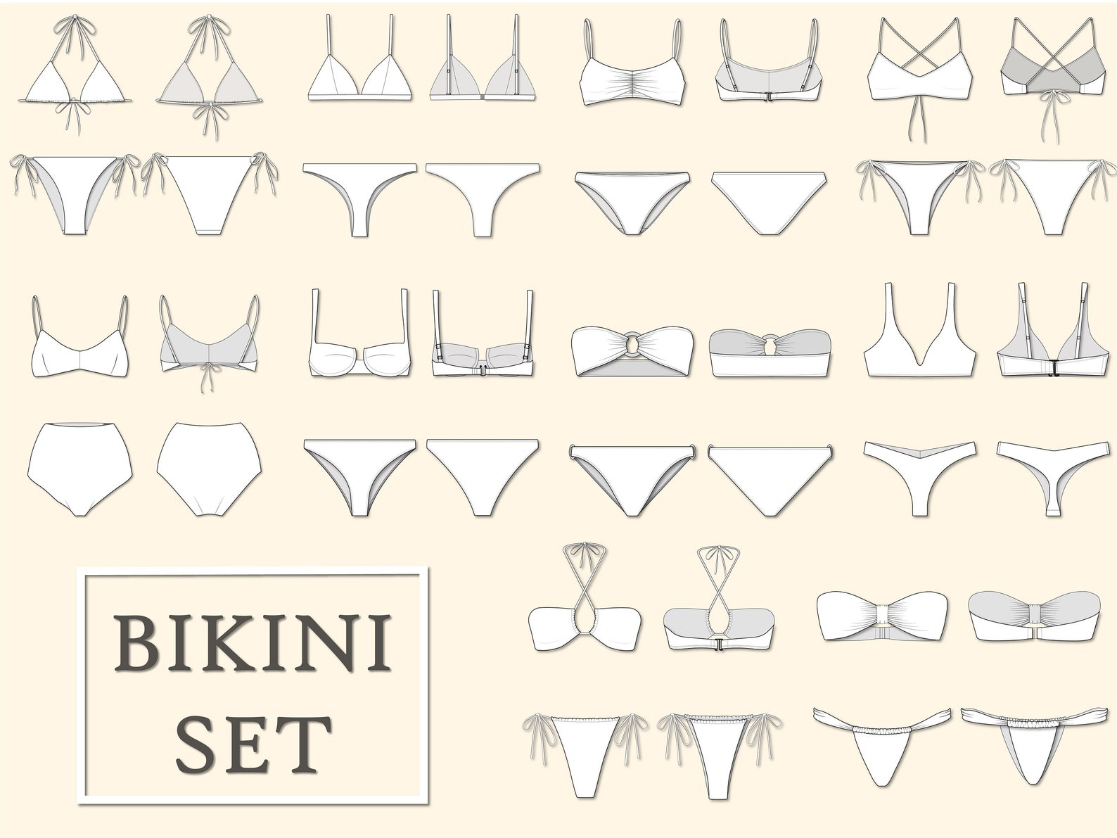 Bikini Swimsuit Set Bundle 10 Styles Vector Flat Fashion CAD Technical ...