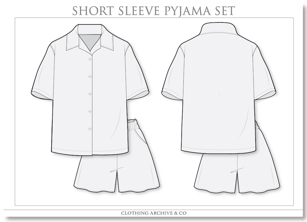 Pyjama Set Short Sleeve Top & Short Fashion Flat | Vector CAD Technical ...