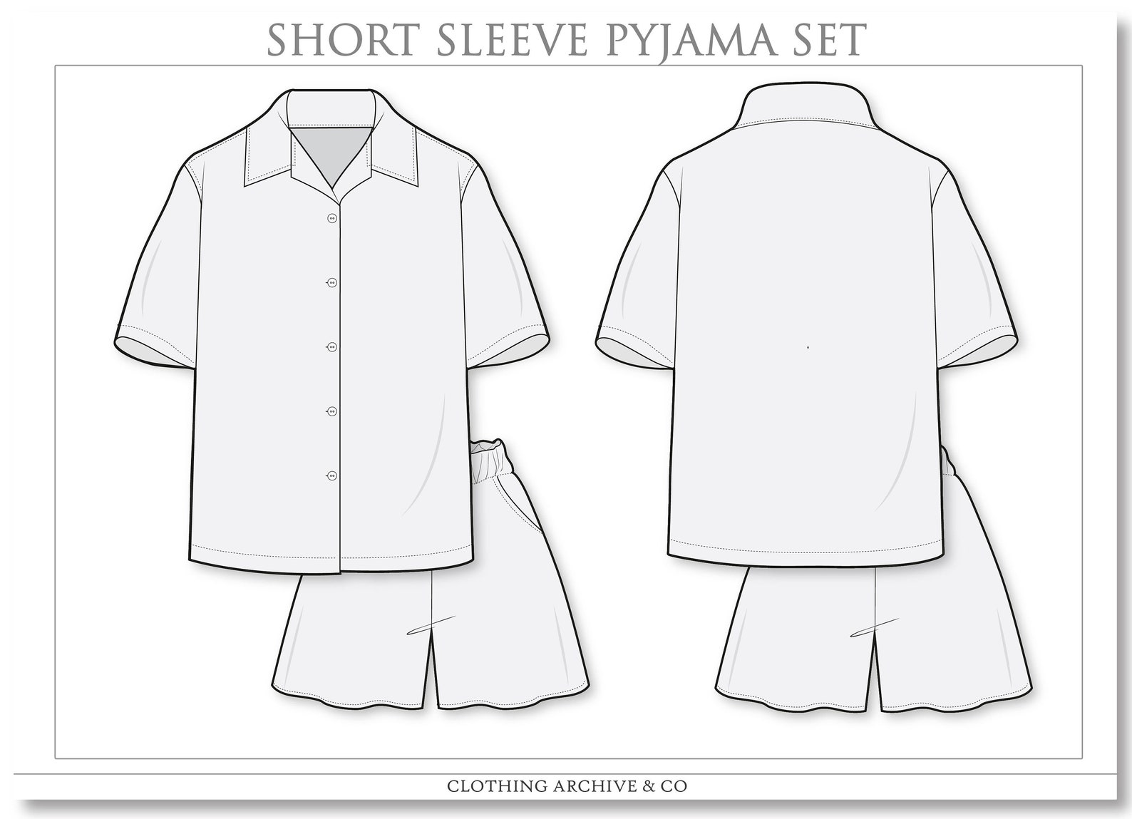 Pyjama Set Short Sleeve Top & Short Fashion Flat | Vector CAD Technical ...