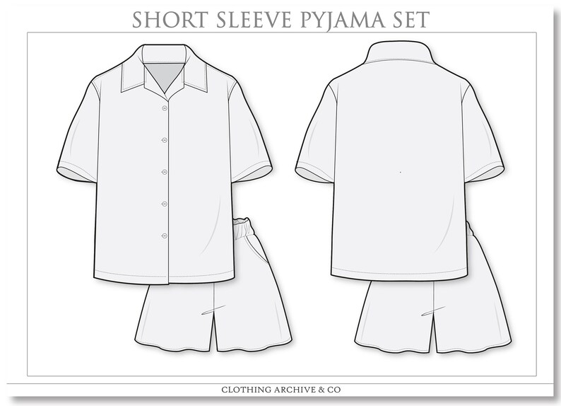 Pyjama Set Short Sleeve Top & Short Fashion Flat | Vector CAD Technical ...
