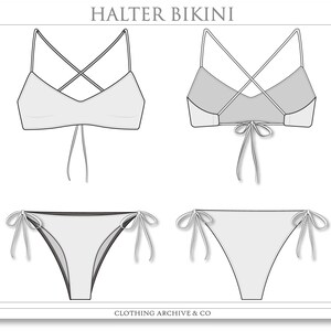 Halter Open Back Bikini Fashion Flat Sketch Swimwear Vector CAD ...