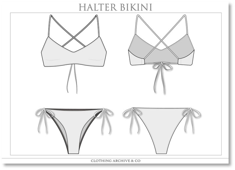 Halter Open Back Bikini Fashion Flat Sketch Swimwear Vector CAD ...