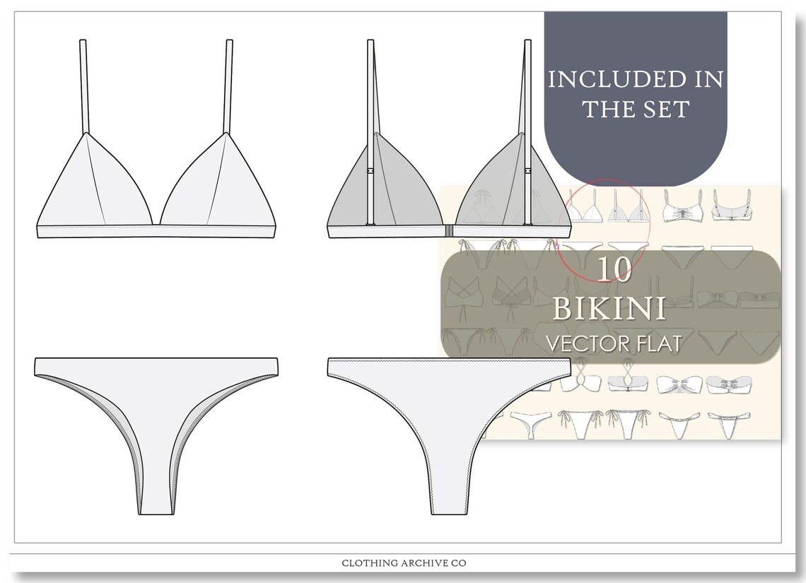 Women's Bikini Fashion Flat Sketch Swimwear Vector CAD Technical ...