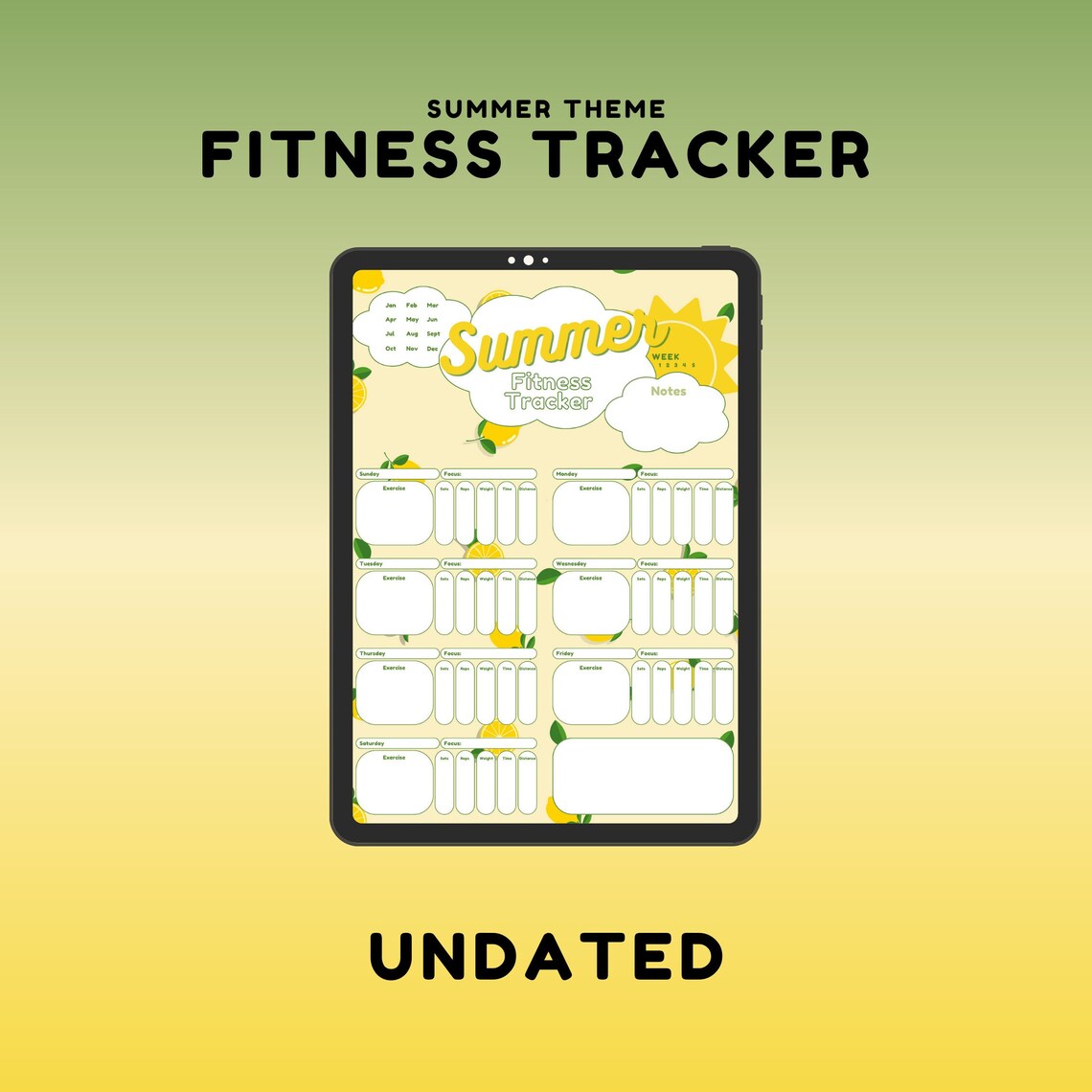 Digital Fitness Tracker, Summer Theme, Undated Planner, iPad Planner ...