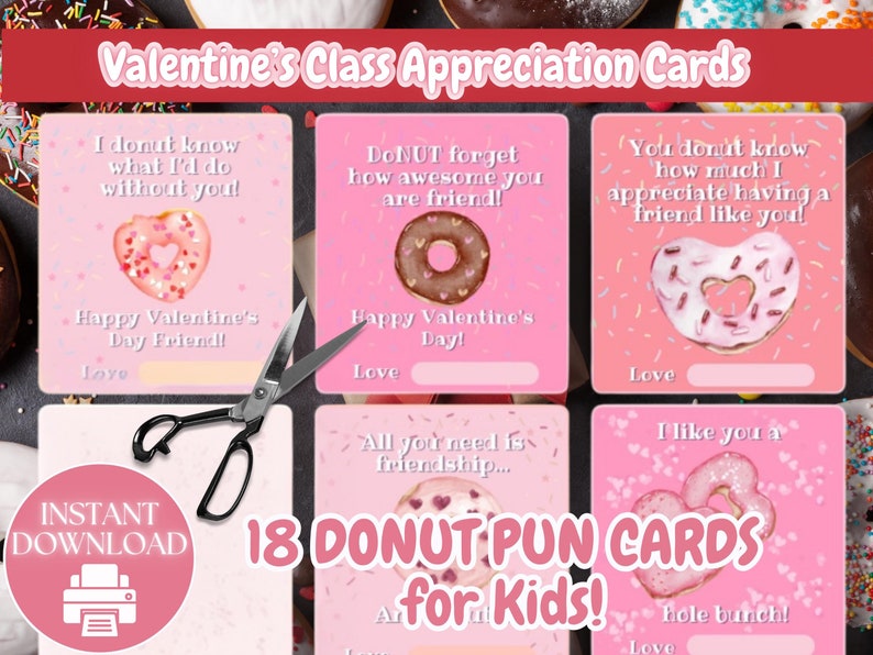 Donut Valentine's Day Cards for Kids: Classroom Exchange (digital ...