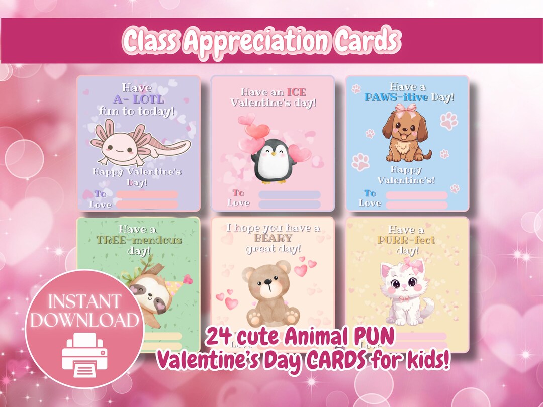 Animal Pun Valentine's Day Cards for Kids: Classroom Exchange (PDF) - Etsy