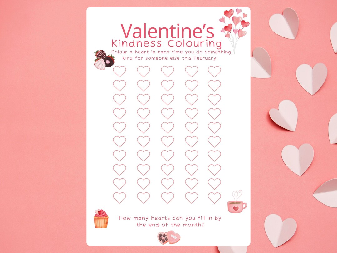 Valentine's Kindness Tracker Heart Kids Colouring / Children's ...