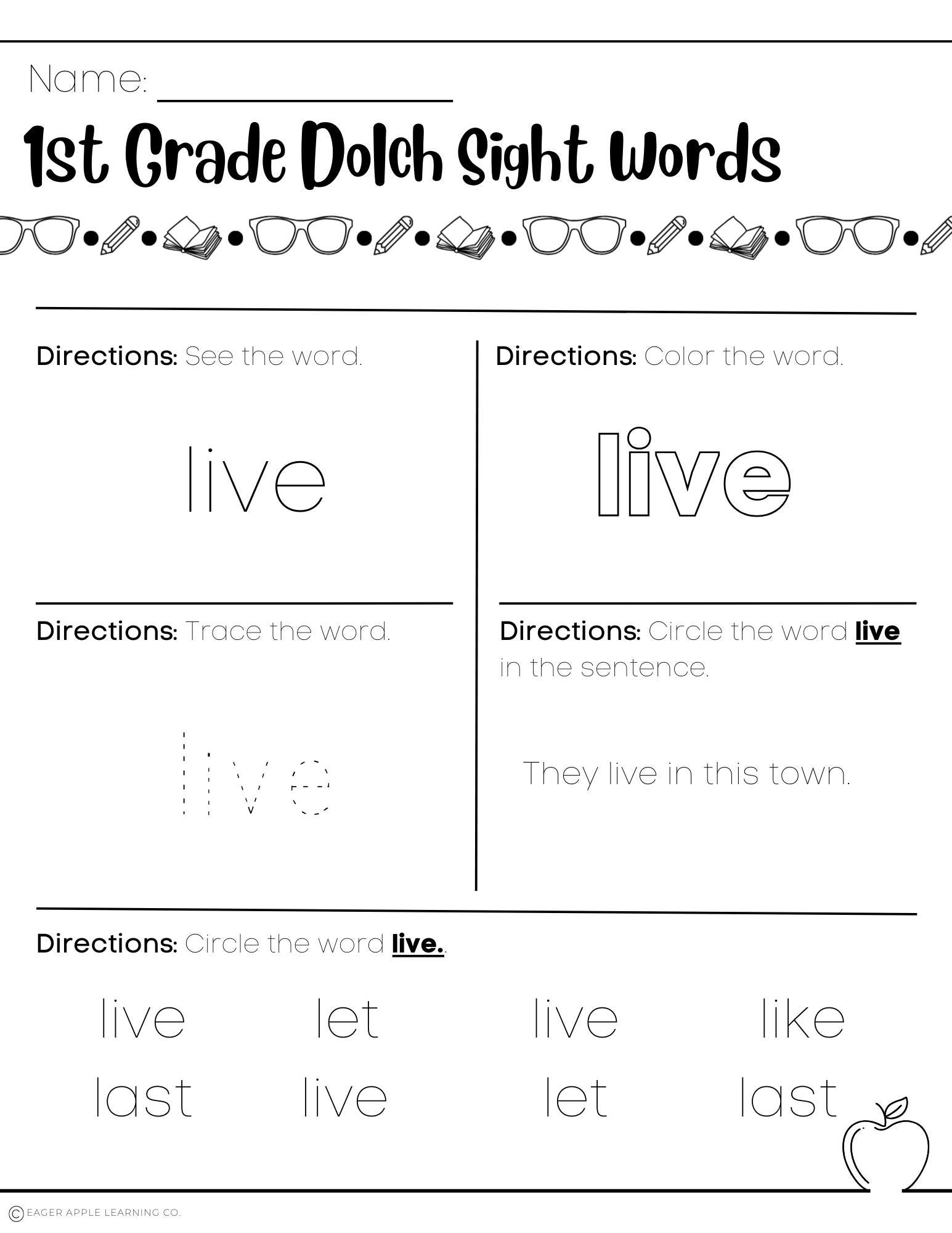 First Grade Dolch Sight Words Worksheets: Printable Reading Practice ...