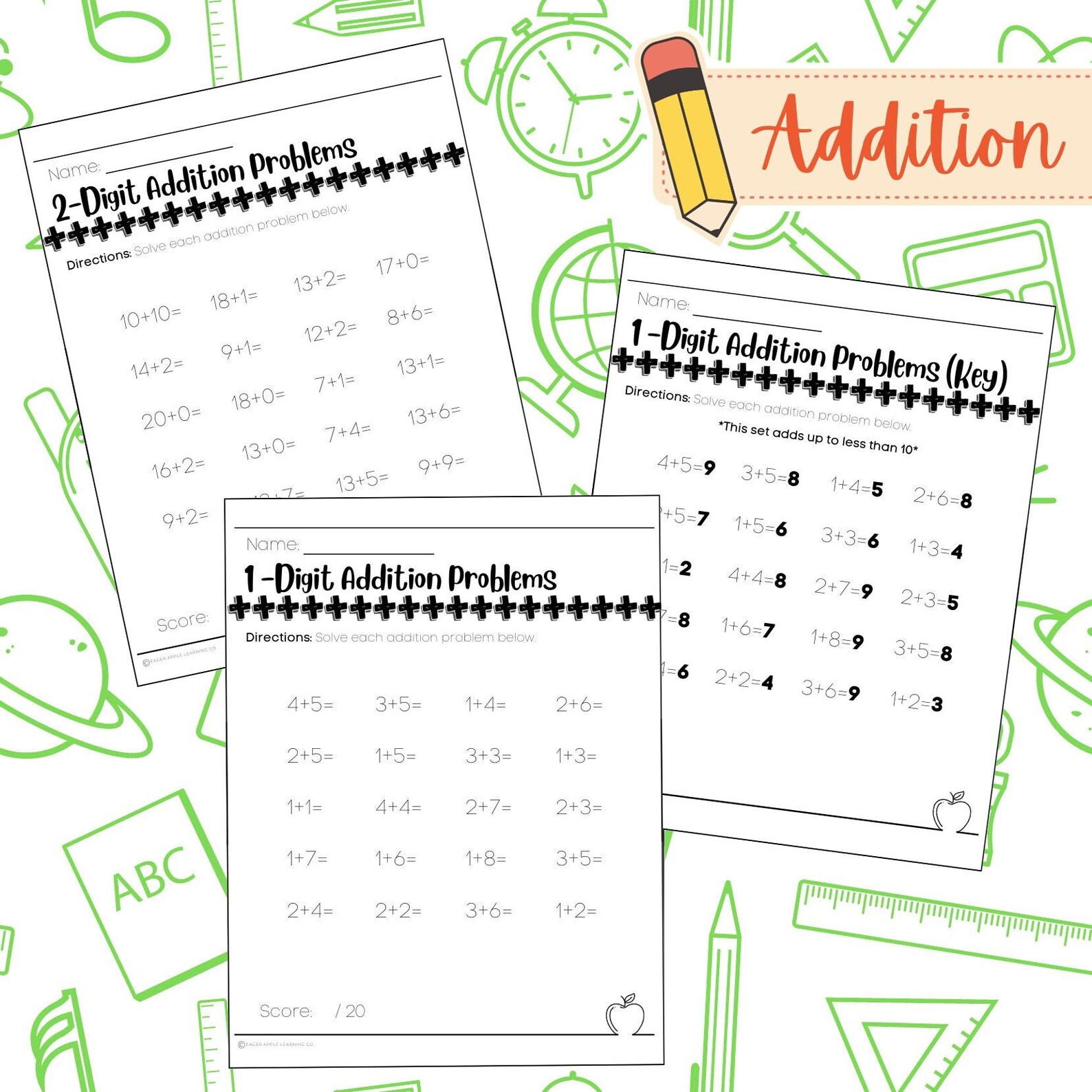 100 1 and 2 Digit Addition Practice Problems, Homeschooling Addition ...