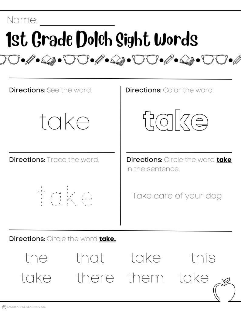 First Grade Dolch Sight Words Worksheets: Printable Reading Practice ...