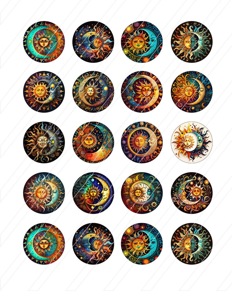 Whimsical Sun and Moon Printable Images 1.5" 30mm 25mm 1" 20mm for ...