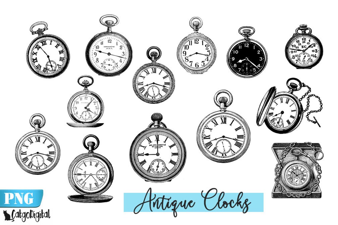 Antique Pocket Watch Clocks Clipart PNG Individual Steampunk Printable ...