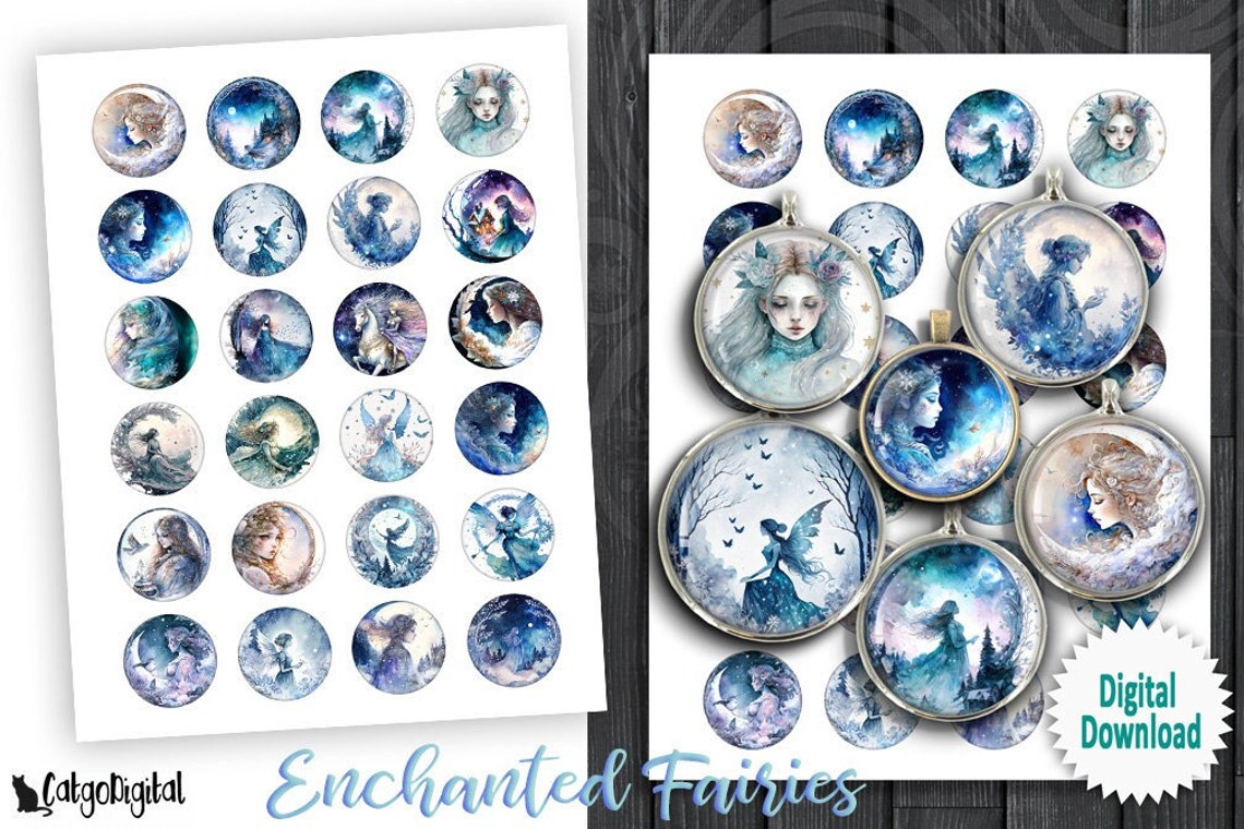 Enchanted Fairies Round Printable Images 20mm 25mm 30mm 1 Inch 1.5 Inch ...