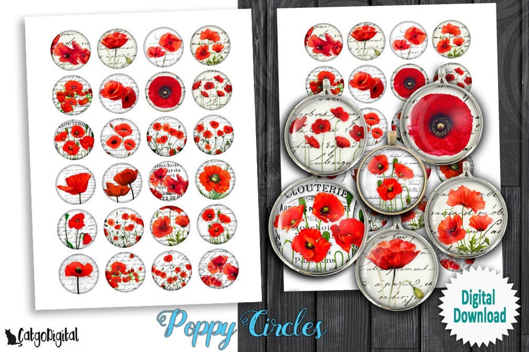 Red Poppy Circles 1.5 Inch to 10mm for Pendants, Cabochons, Bottle Caps ...
