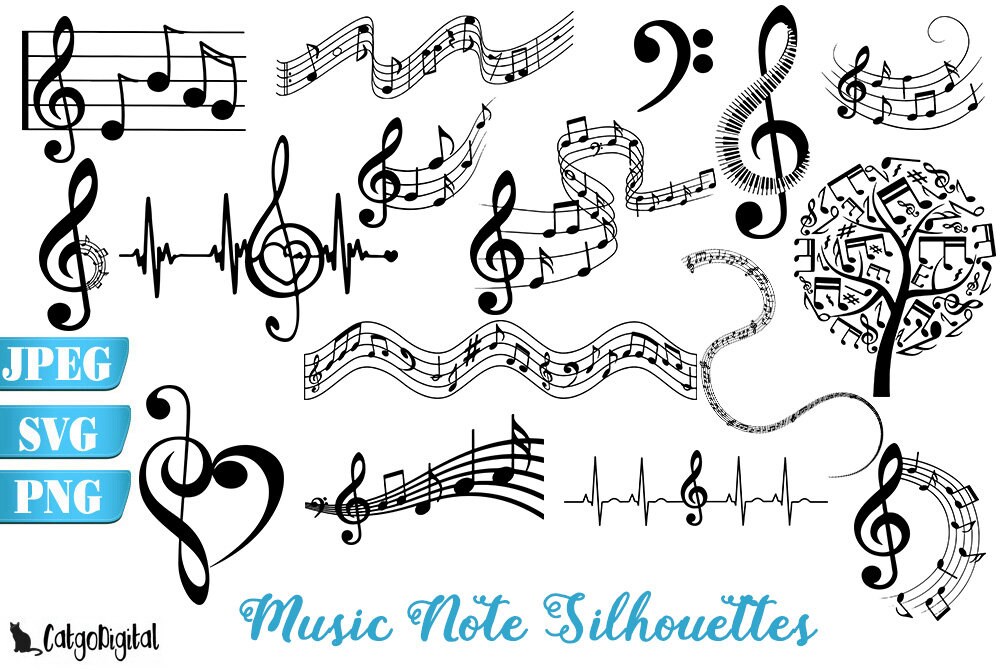 Music Note Silhouettes SVG PNG JPG Sublimation Printable Music Notes ...