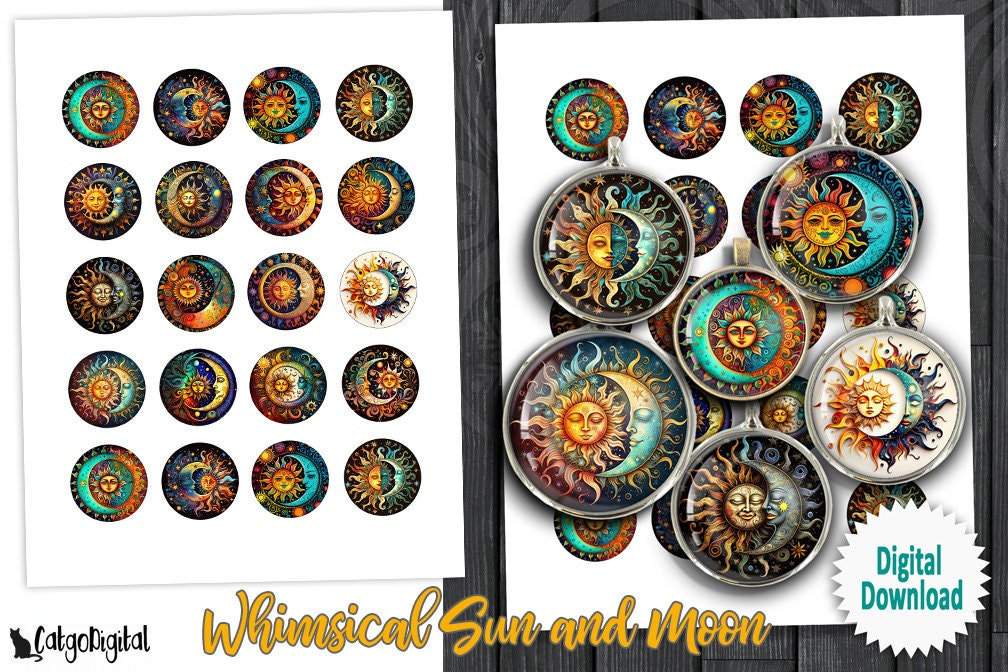 Whimsical Sun and Moon Printable Images 1.5" 30mm 25mm 1" 20mm for ...