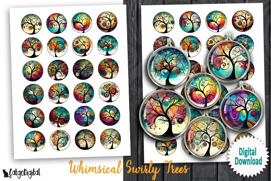 Whimsical Swirly Trees 1.5" 30mm 25mm 1" 20mm Printable Circle Images ...