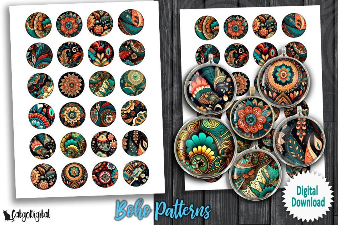 Boho Patterns 20mm 25mm 1inch 30mm 1.5inch Printable Digital Collage ...