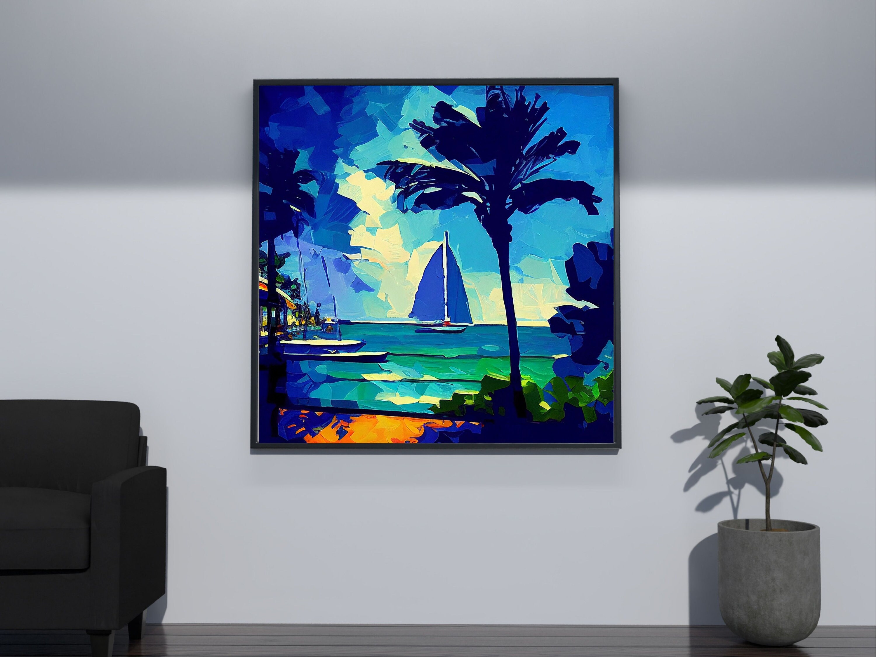 Blue Sailboat Digital Art Print, Coastal Landscape Print, Blue Seascape ...
