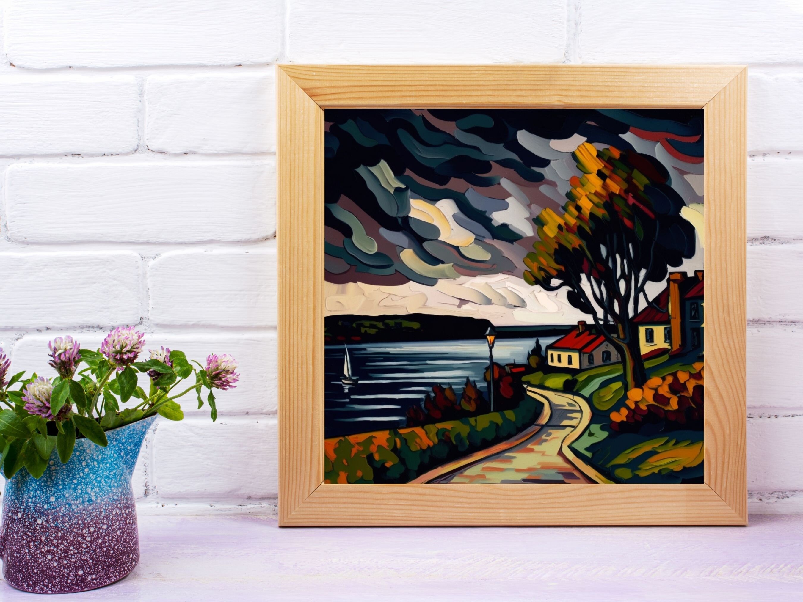 Landscape Digital Art Print, Waterfront House With Sailboat Art ...