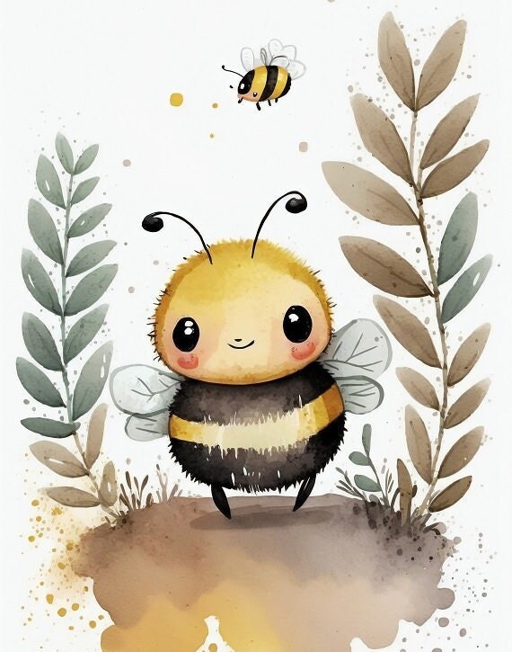 Cute Bee Printable Cartoon Style Digital Art, Watercolor Wall Art ...