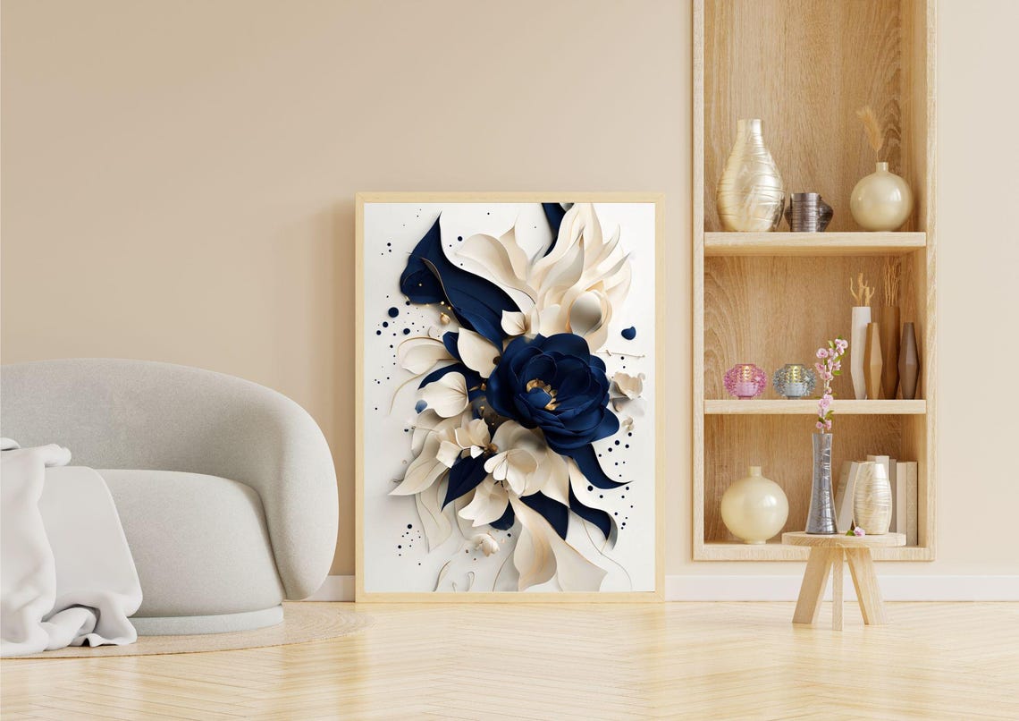 Navy Blue Abstract Floral Print: Modern 3D Paper Flower Style (digital ...