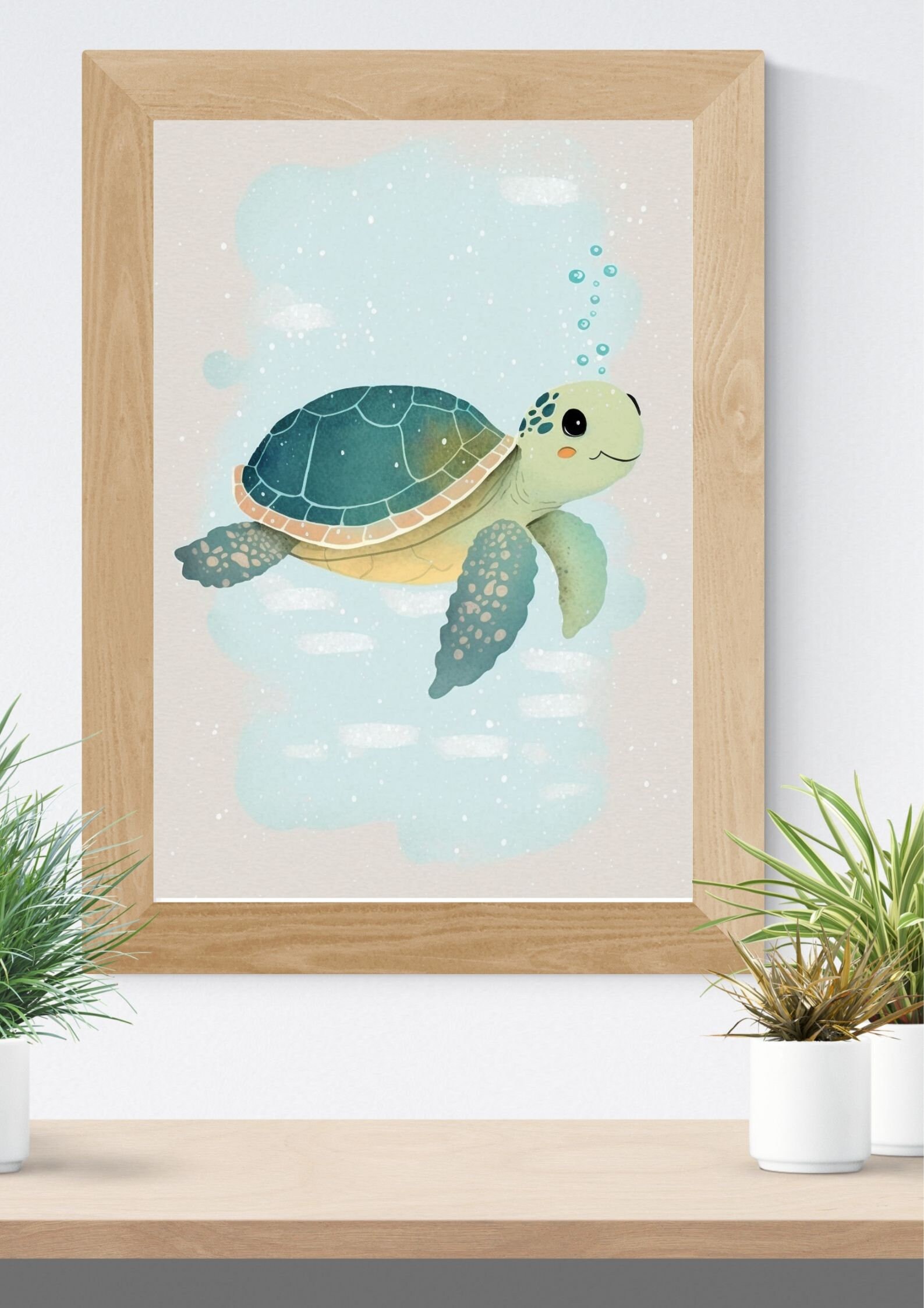 Cute Sea Turtle Printable Cartoon Style Digital Art, Watercolor Wall ...