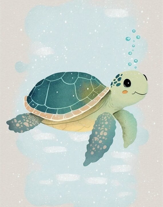 Cute Sea Turtle Printable Cartoon Style Digital Art, Watercolor Wall ...