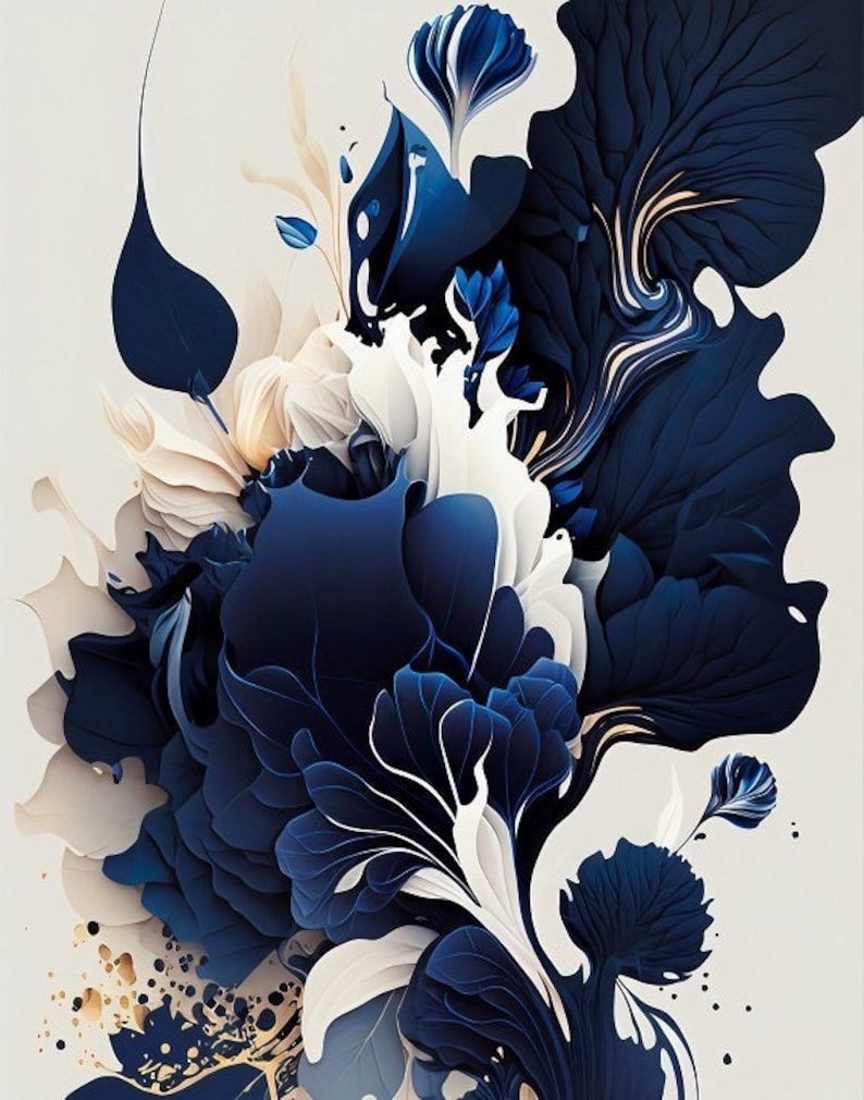 Navy Blue & Beige Abstract Flower, Gray Background Wall Art , Modern ...