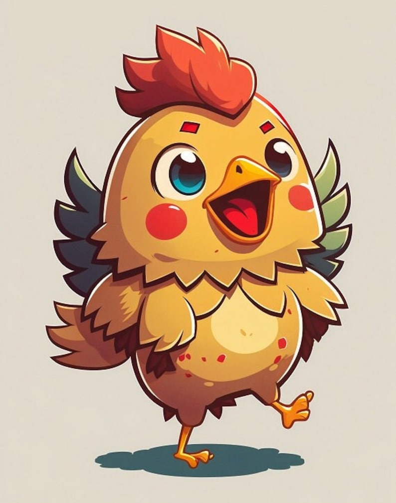 Cute Happy Chicken Printable Cartoon Style Digital Art, Watercolor Wall ...
