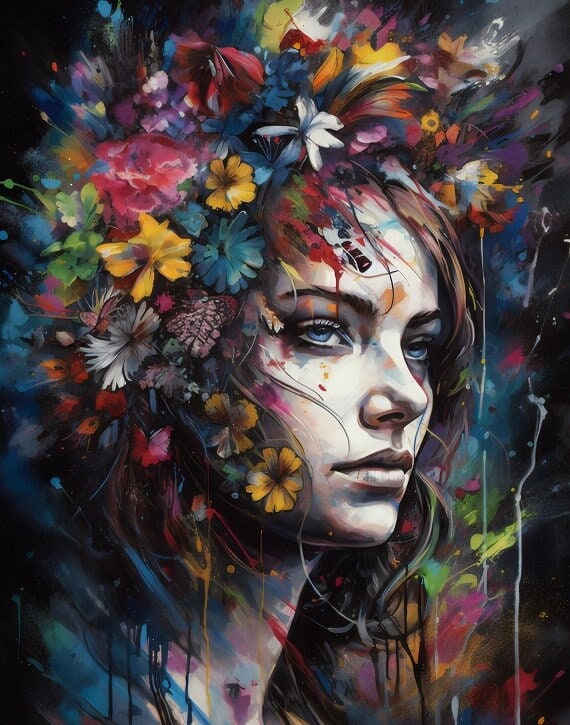 Flower Art Woman's Beautiful Face & Flowers in Her Hair Printable ...