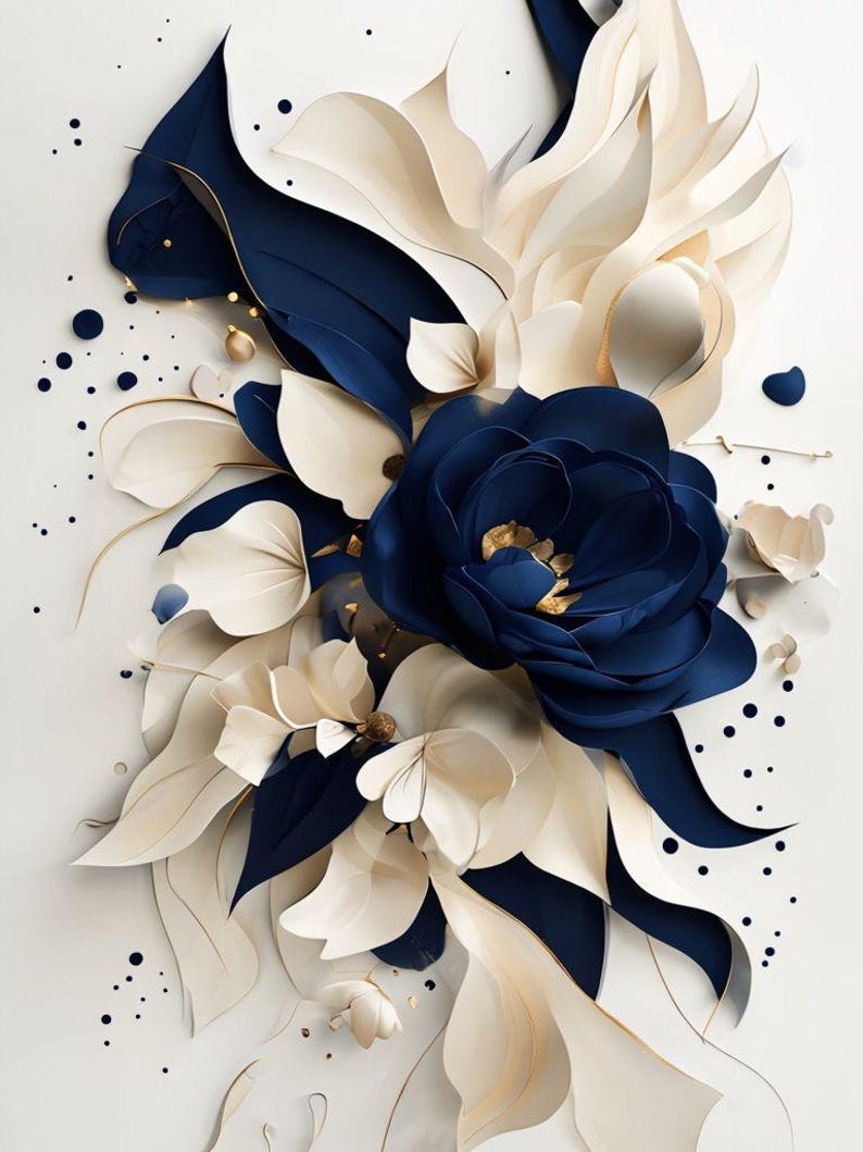 Navy Blue Abstract Floral Print: Modern 3D Paper Flower Style (digital ...