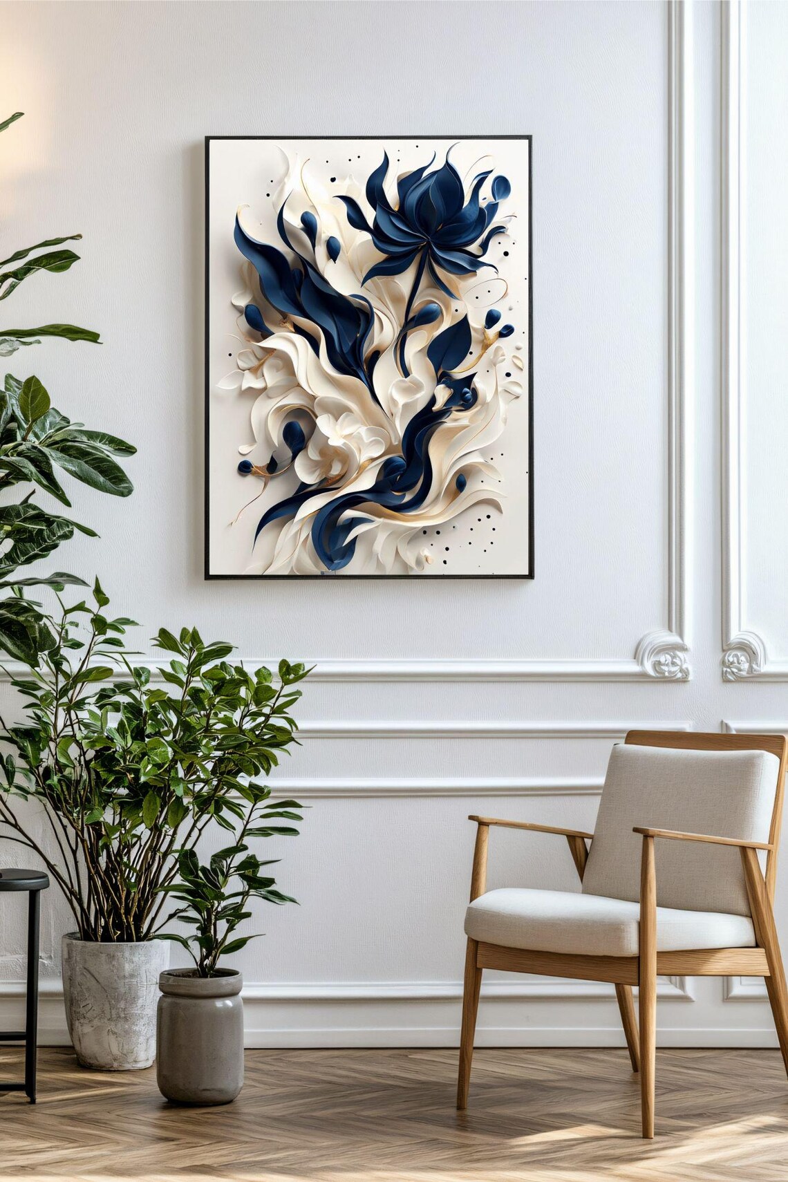 Navy Blue & Beige Abstract Flower Wall Art – Gray Background ...