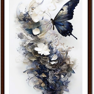 Ethereal Blue Butterfly Art Print | 3D Mixed Media Floral Wall Decor ...