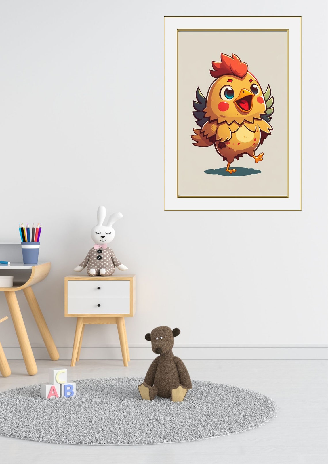 Cute Happy Chicken Printable Cartoon Style Digital Art, Watercolor Wall ...
