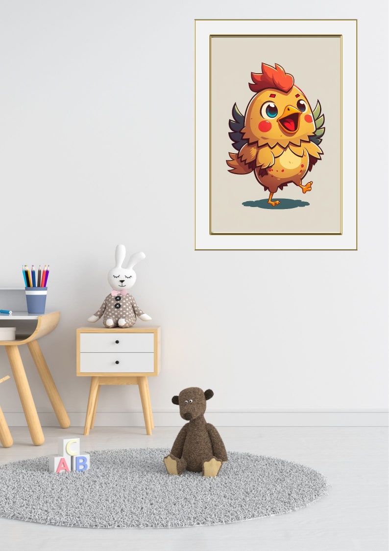 Cute Happy Chicken Printable Cartoon Style Digital Art, Watercolor Wall ...