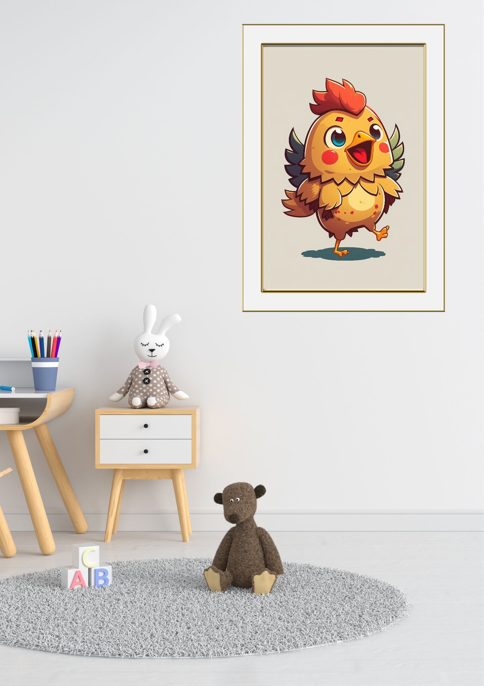 Cute Happy Chicken Printable Cartoon Style Digital Art, Watercolor Wall ...
